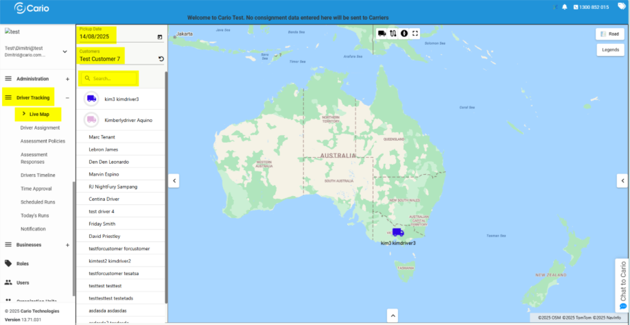 Cario Connect TMS — Live Map (Driver Tracking)